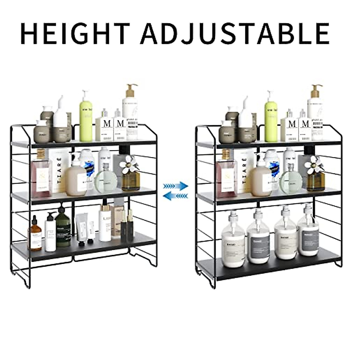 BOIVSHI 3-Tier Bathroom Countertop Organizer, 8-levels Height Adjustable Bathroom Counter Organizer Storage Shelf for Bathroom Kitchen Spice Rack Vanity Tray Cosmetic Storage Holder, Metal Black