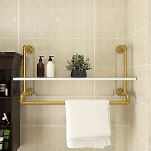 HOMEKAYT Industrial Pipe Clothing Rack Wall Mounted Gold Clothes Rack with Wooden Shelf Vintage Hanging Rack for Bedroom, Living room