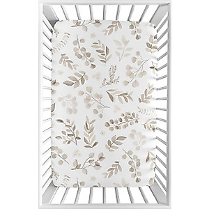 Sweet Jojo Designs Floral Leaf Boy Girl Fitted Mini Crib Sheet Baby Nursery for Portable Crib or Pack and Play - Ivory Cream Beige Taupe White Gender Neutral Boho Watercolor Botanical Flower Woodland