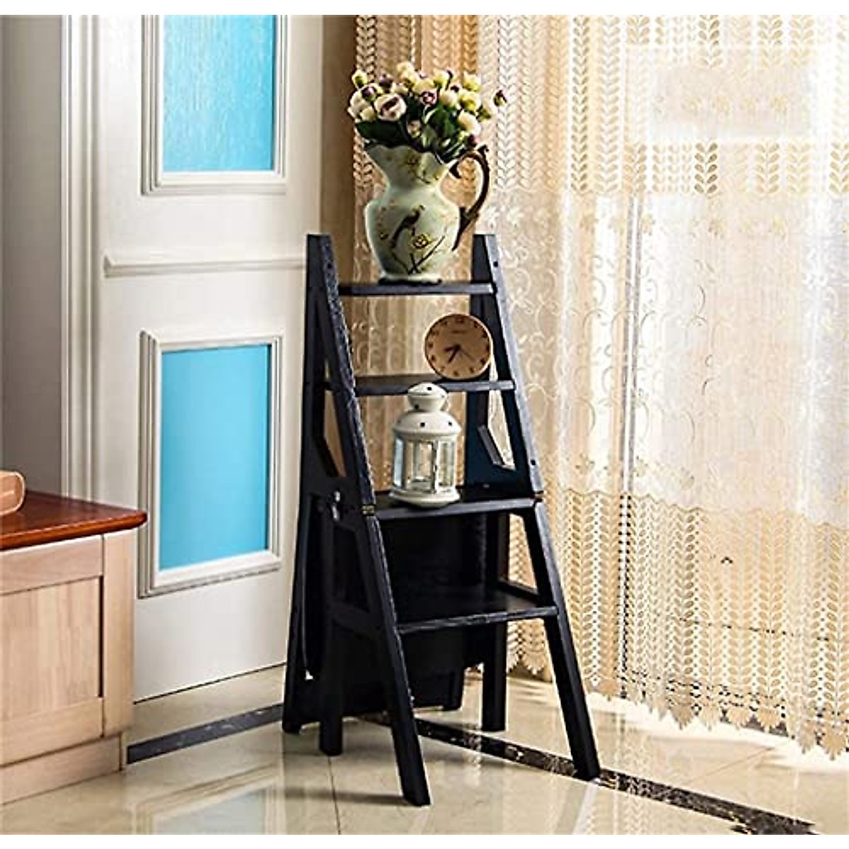 LUCEAE Step Stool Wooden Folding 4 Step Stool Portable Ladder Chair,Multifunctional Step/Stair Chair for Home Library/Closet/Bedroom Balcony