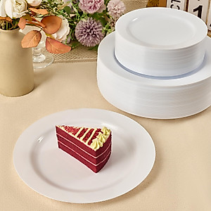 FOCUSLINE 100 Count White Plastic Plates 10 Inch, Disposable Heavy Duty Plastic Dinner Plates- Premium Hard Plastic Plates Fancy Disposable White Plates for Weddings, Parties and Events