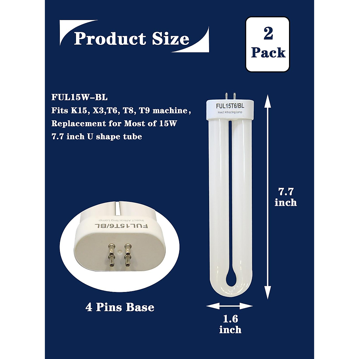 15W BF35 Replacement Black Light Bulb Compatible for Flowtron BK-15D, BF-35C,Stinger U/V15, FP15, TZ15, BB-15WHT,U Shaped Twin Tube Bulb for T6 T8 T9，FUL15W-BL-2 Pack