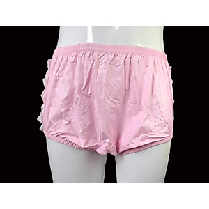 Haian Adult Frilly Plastic Rumba Incontinence Pull-on Plastic Pants with White PVC Frilly (Medium, Baby Pink)