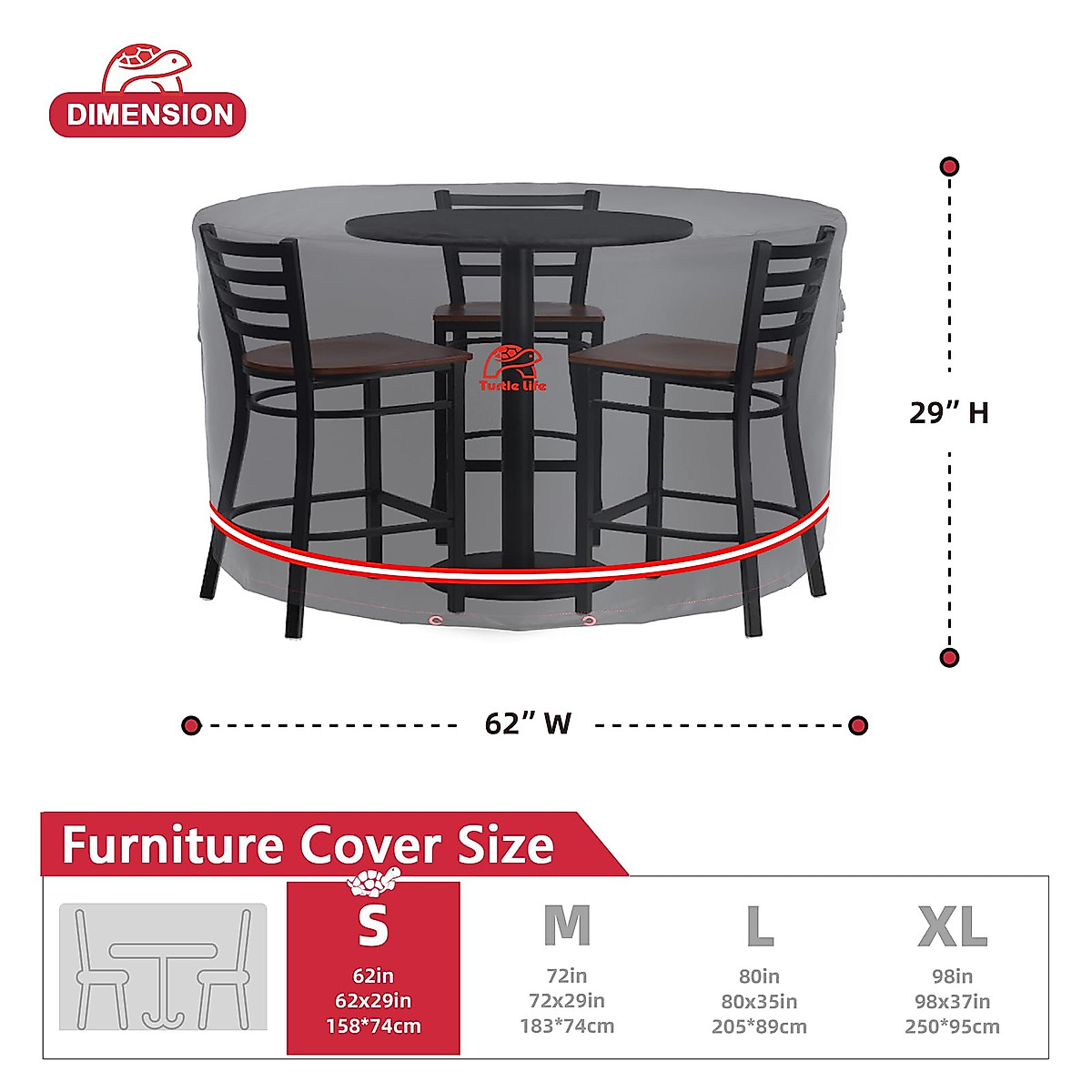 Turtle Life Patio Furniture Sets Cover, Heavry Duty Round Outdoor Dinning Table and Chairs Cover, Anti-Fading Cover for Outdoor Furniture Set, No Fading Away Within 2 Years, Black, Dia 62" x 29" H