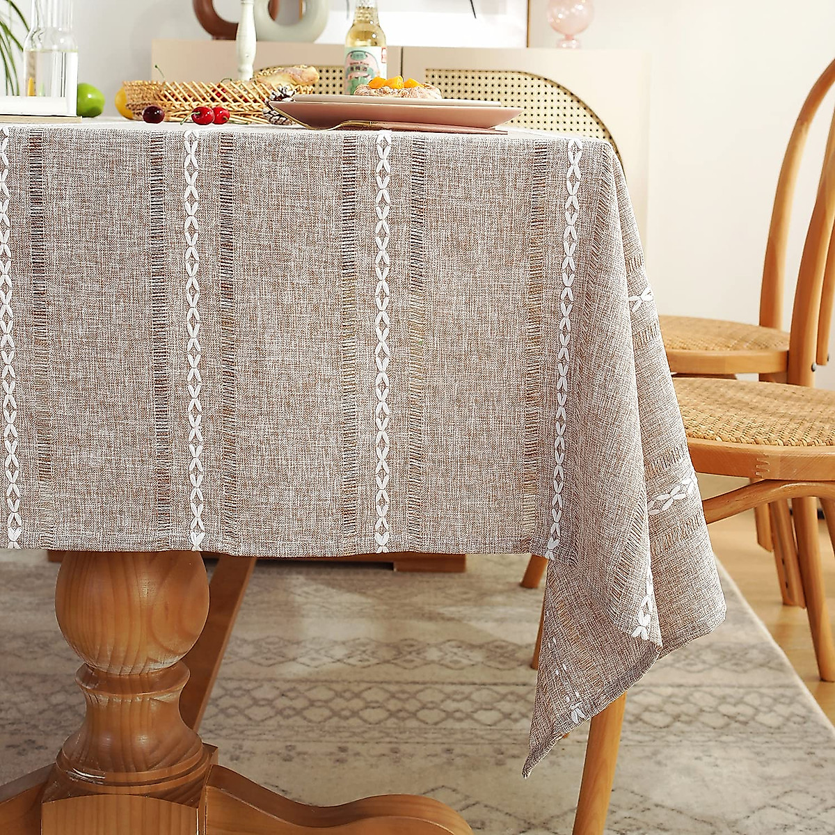 Chassic 60 x 120 inches Farmhouse Style Linen tablecloths, Wrinkle Resistant Washable Dining Room Table Cloths for 8 Foot Rectangle Tables - Hemstitch Light Coffee
