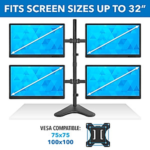 Mount-It! Quad Monitor Stand | Height Adjustable Free Standing 4 Screen Mount | Fits Monitors up to 32 Inches | Black, Steel | MI-2784