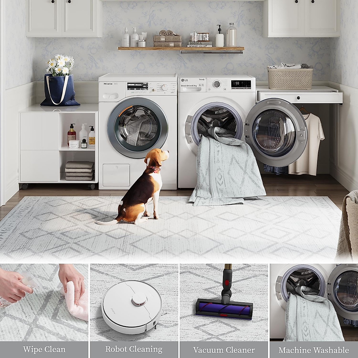 jinchan Washable Area Rug 3x5 - Low Pile Entryway Rug Modern Rug Kitchen Faux Wool Soft Stain Resistant Non Slip Thin Indoor Door Mat Geometric Print Carpet for Bedroom Dining Room Living Room Grey