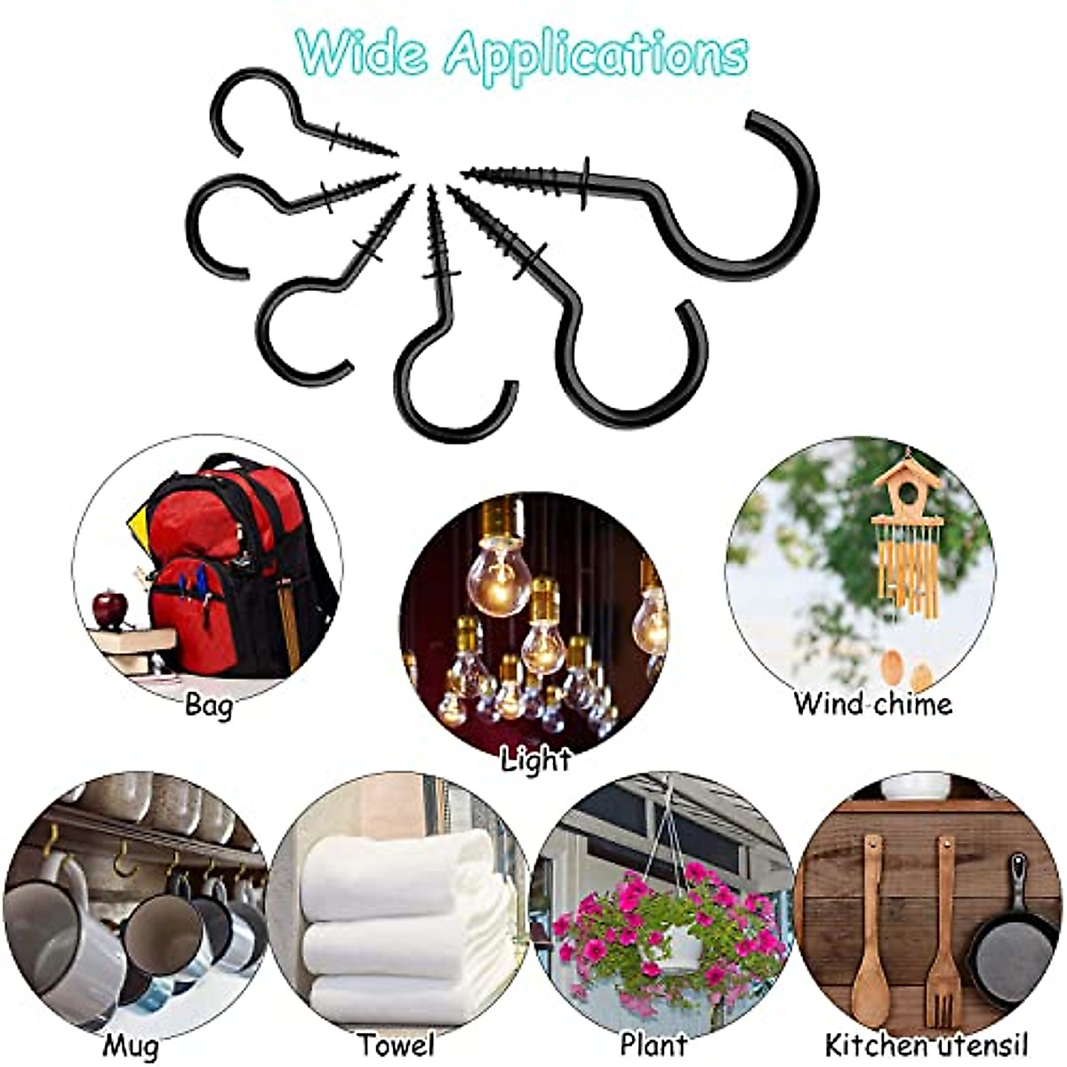 30 Pcs 3 inch Ceiling Hooks, Nickel Plated Metal Screw-in Cup Hooks, Black