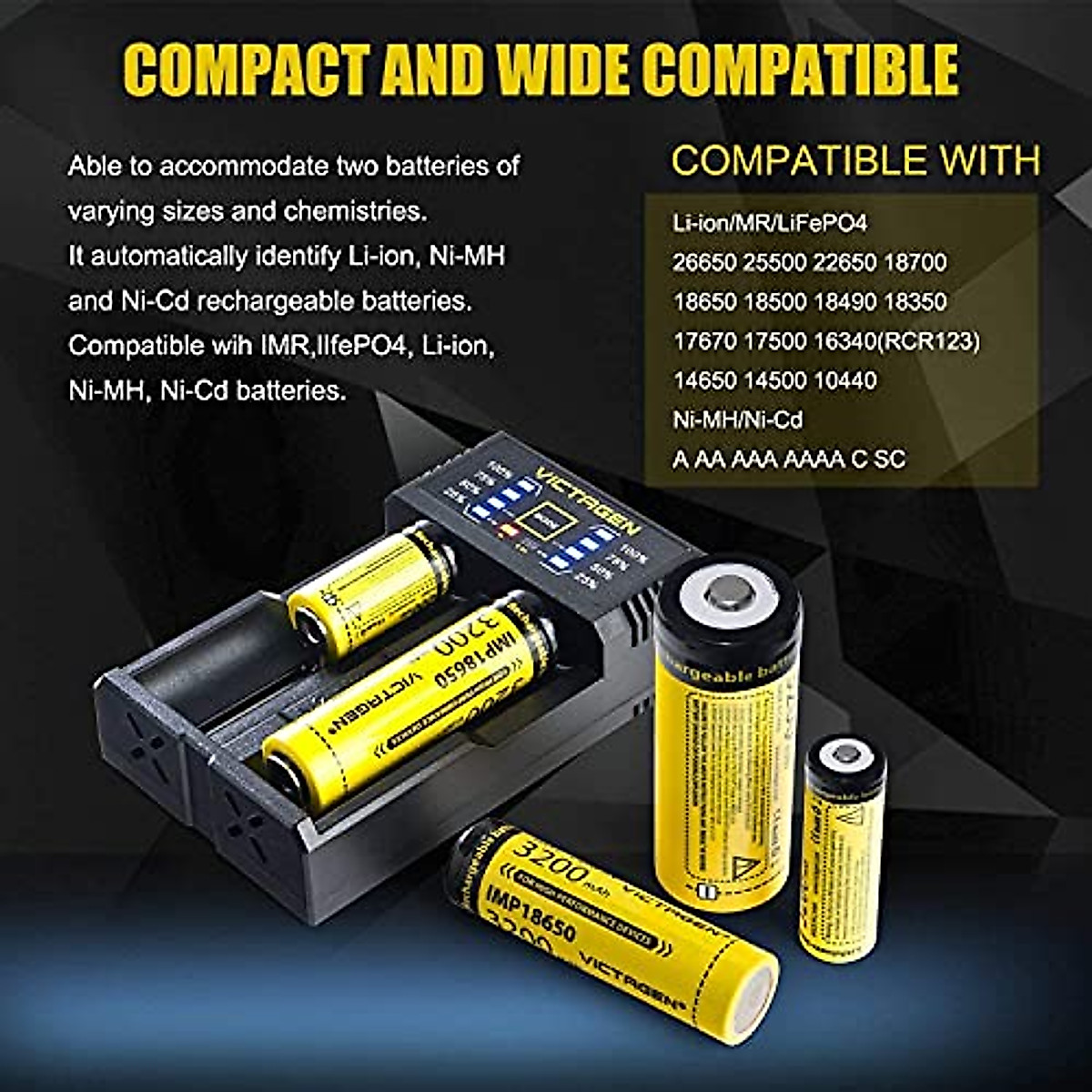 VICTAGEN Ultimate Battery Charger Set- Speedy Charging for Rechargeable Batteries 3.7V Lithium-ion 18650 18490 18350 17670 17500 16340(RCR123) 14500, 1.2V Ni-MH&Ni-Cd, AA, AAA Rechargeable Batteries