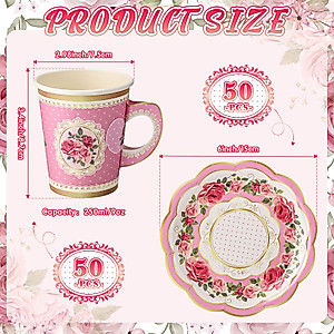 Tioncy 100 Pcs Tea Party Decorations Include 50 Pieces 9 oz Floral Paper Tea Cups with Handle and 50 Plates Disposable Blossom Teacups and Saucers Sets for Girls Birthday (Floral)