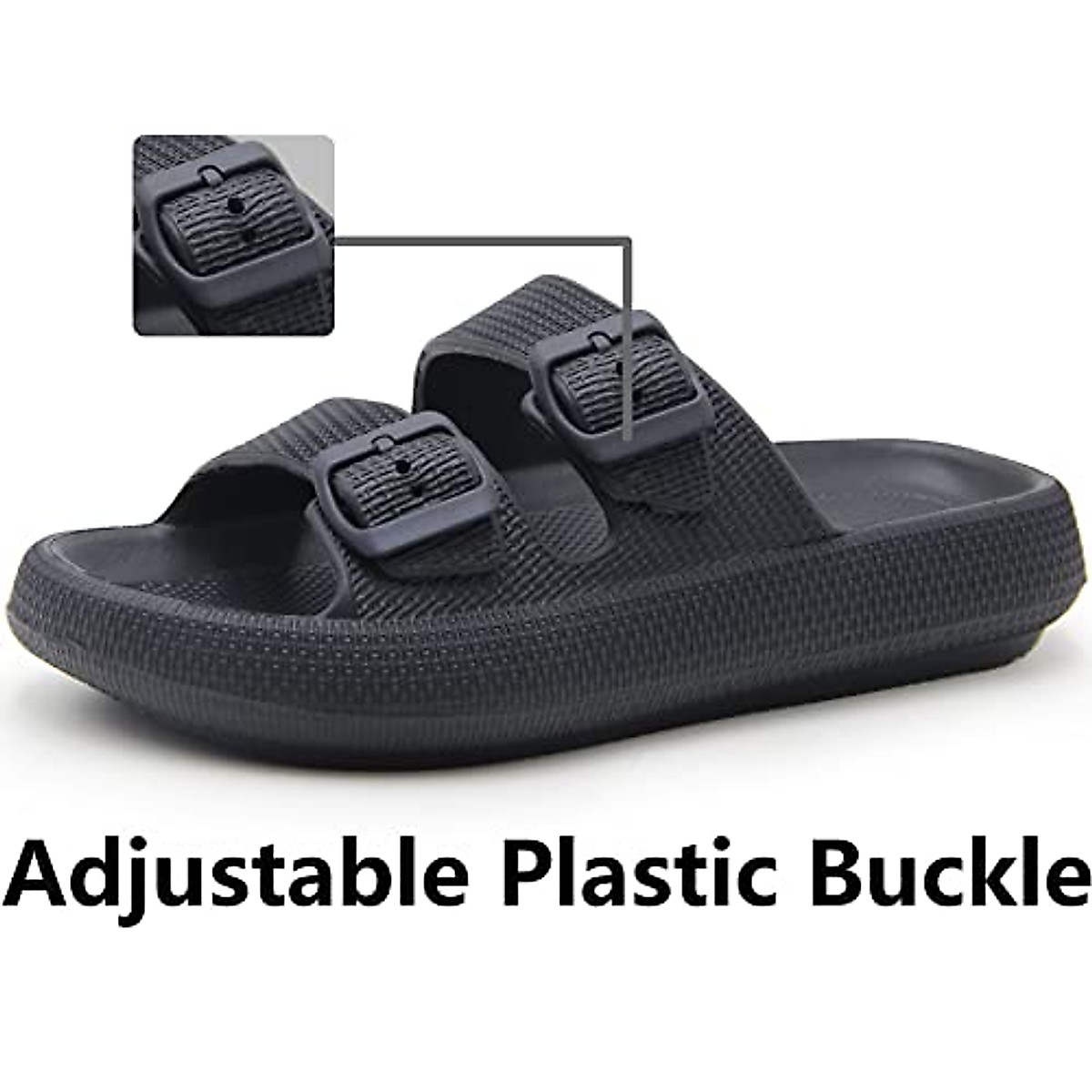 Weweya Slides for Men Women Pillow Slippers Double Buckle Adjustable EVA Flat Sandal Black Women Size 5.5 6 6.5