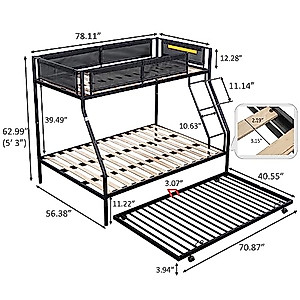 Oudiec Twin Over Full Metal Bunk Bed with Trundle & Guardrail for Dorm, Kids Bedroom, Sturdy Steel Bedframe with Ladder, Space Saving Design & No Box Spring Needed, Black
