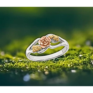 Blooms Rose Flower Diamond-Cut Ring, Sterling Silver, 12k Green and Rose Black Hills Gold Size 7