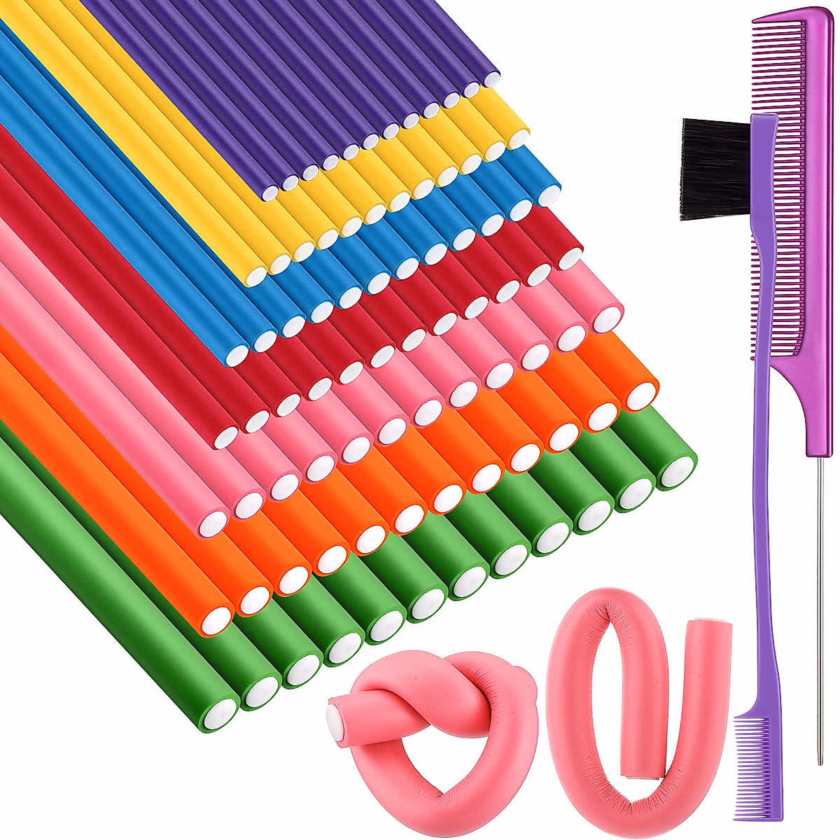 Tigeen 84 Pieces Flexible Curling Rods Twist Foam Hair Rollers Soft Foam Bendy Hair Rollers No Heat with Rat Tail Comb Edge Brush for Short Medium Long, 7 Sizes(Purple)