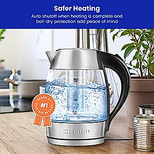 Chefman Electric Glass Kettle, Fast Boiling W/ LED Lights, Auto Shutoff & Boil Dry Protection, Cordless Pouring, BPA Free, Removable Tea Infuser, 1.8 Liters