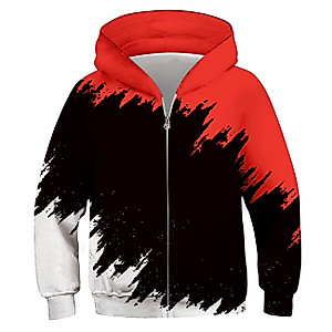 uideazone Big Boys Girls Zipper Hooded Sweatshirts Size 9t Black Red Hoody Hoodies Long Sleeve Autumn Contrasting Colors Jacket Color Block Cost with Pockets 8-10T