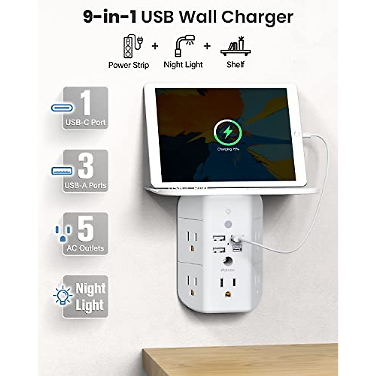 Wall Outlet Extender with Shelf and Night Light,Surge Protector,USB Wall Charger with 5 USB Outlets and 3 USB Ports 1 USB C Outlet Wide Space 3-Sided Power Strip Multi Plug Outlets…