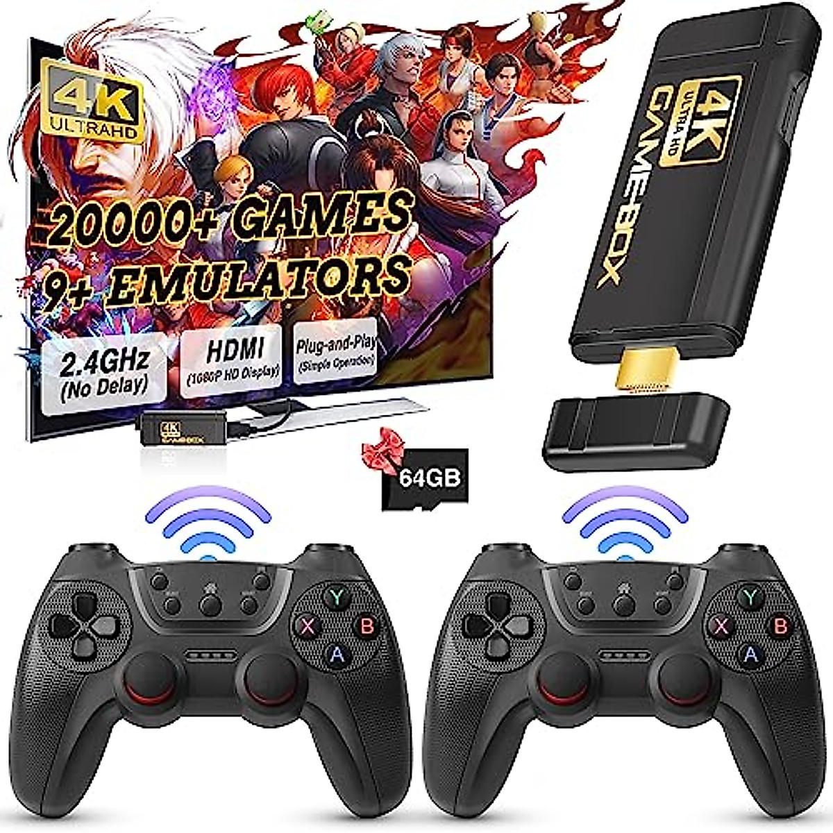 Wireless Retro Game Console, Equipped with 64G TF Card Plug and Play, Nostalgia Game Stick 4K 20000+ Games Built-in, 9 Classic Emulators, with Dual 2.4G Upgraded Wireless Controllers, Black