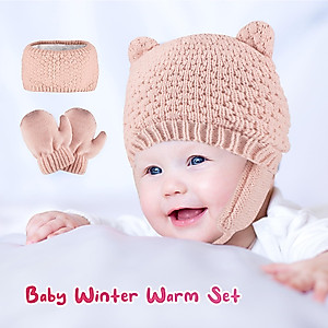 Breathffy Baby Winter Hats Warm Knitted Baby Scarf Glove Beanie Set Soft and Warm Toddler Hat and Glove Set for Girls Newborn Infant Winter Warm Accessories (Pink)