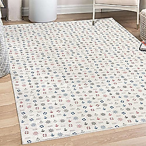 Ambesonne Nautical Decorative Area Rug, Marine Elements Featured Life Anchor Compass Sea Waves Theme, Quality Carpet for Bedroom Dorm Living Room, 4' X 5' 5", Blue and Red