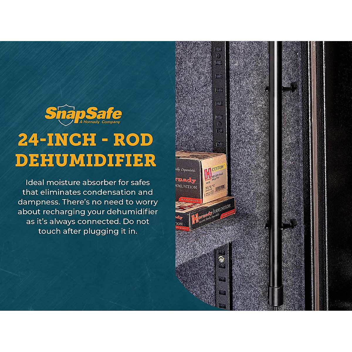 SnapSafe Gun Safe Dehumidifier Rod 24 Inch, Black, 75905 -Maintenance-Free Plug-In Electric Dehumidifier Eliminates Moisture for Gun Safes & Cabinets to Help Prevent Rust & Corrosion in Your Gun Vault