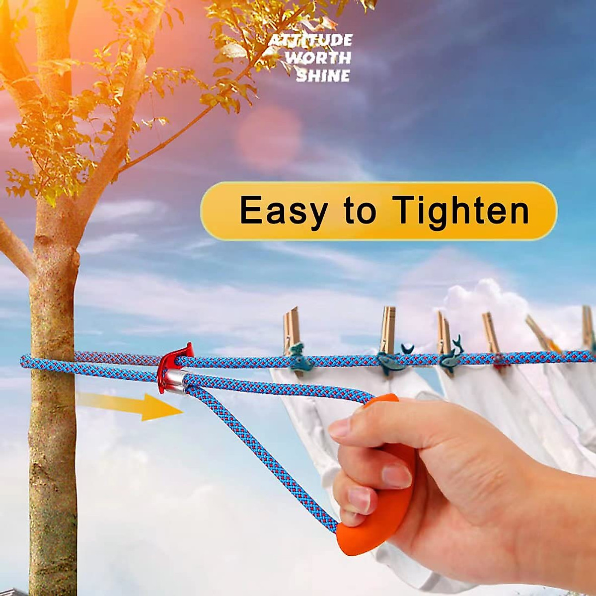 Togestar Clothesline Orange Rope 15m/50ft Unique Design - Easy to Tighten - Heavy Duty Drying Laundry Line Adjustable for Indoor Outdoor Laundry Clothesline Rope