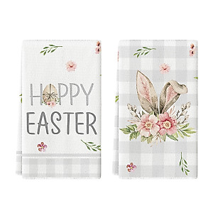 Artoid Mode Happy Easter Bunny Flower Kitchen Dish Towels, 18 x 26 Inch Seasonal Spring Easter Rabbit Ultra Absorbent Drying Cloth Tea Towels for Cooking Baking Set of 2