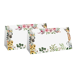 Table Place Card for Baby Shower, 25 Pcs Tent Cards Set with Floral Design, Editable Name Cards for Table Seating, Wild Animal Birthday Party Food Lables, Safari Jungle Baby Shower Decorations(13)