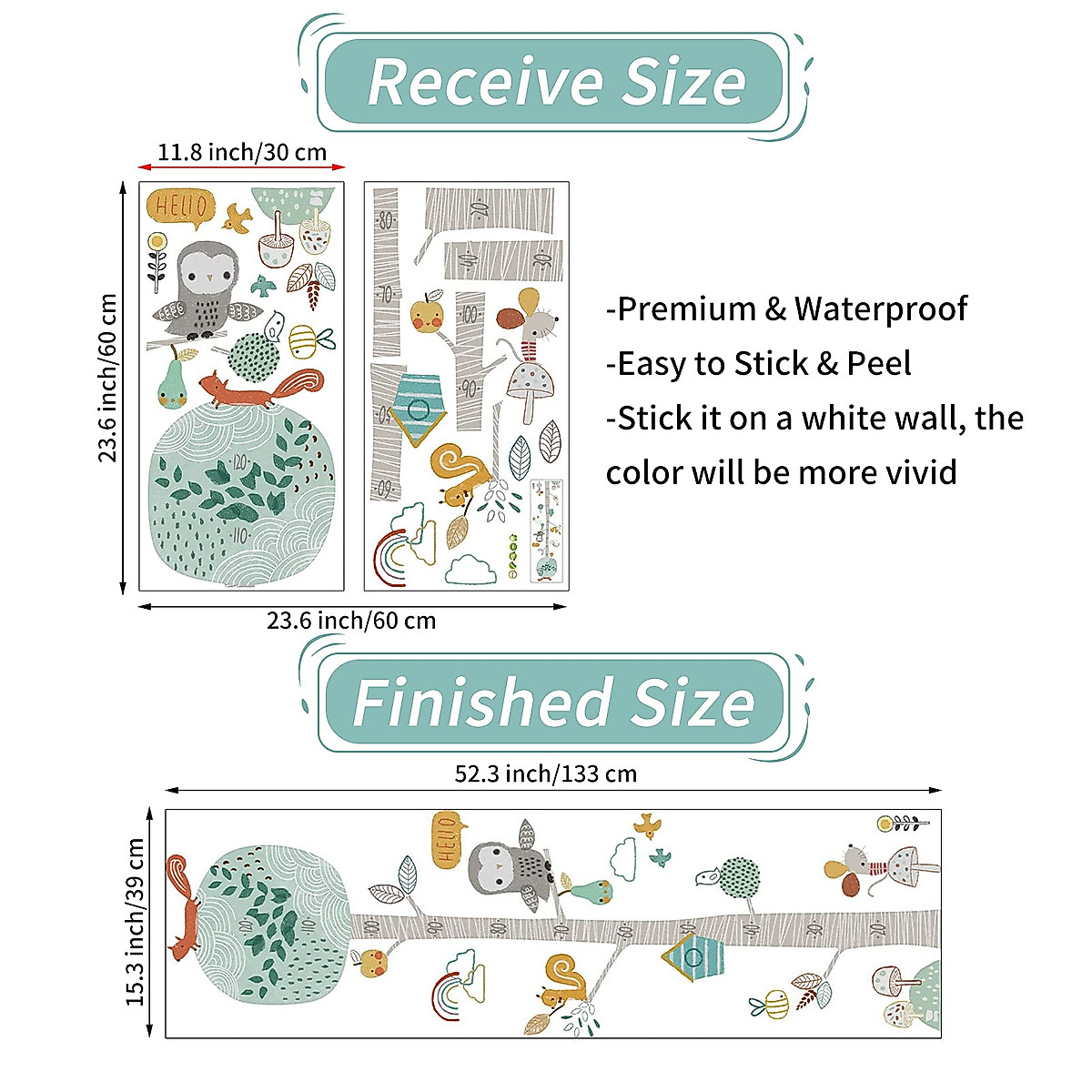 Height Measurement Growth Chart Wall Stickers, Cartoon Animals Monkey Elephant Height Measure Decals, Moon Hanging Ruler Decor, Removable Height Tree DIY Art Murals for Kids Bedroom Baby Nursery