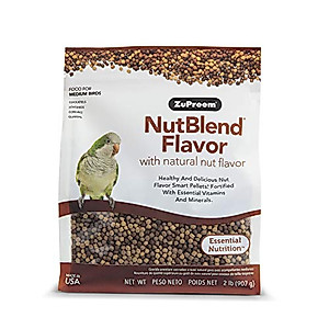 ZuPreem NutBlend Smart Pellets Bird Food for Medium Birds, 2 Pound Bag - Made in USA, Daily Nutrition, Essential Vitamins, Minerals for Cockatiels, Quakers, Lovebirds, Small Conures