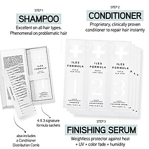 Iles Formula Discovery + Travel Kit: Cleanse, Repair, and Protect All Hair Types, Haute Performance Shampoo + Conditioner + Finishing Serum & Comb, 4 Sachets