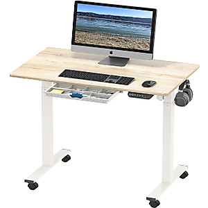 SHW Electric Height Adjustable Mobile Rolling Standing Desk Workstation, 40 x 24 Inches, Maple