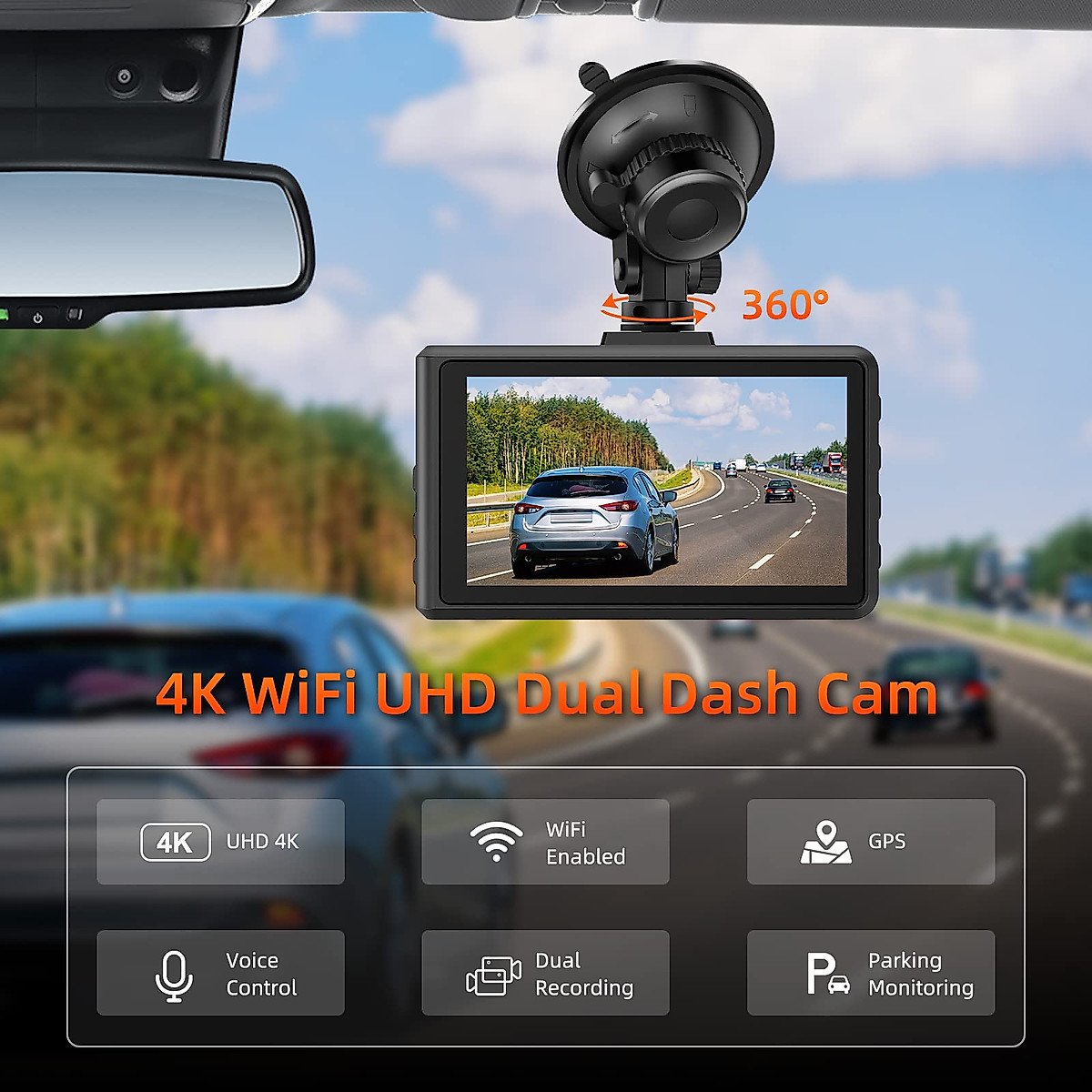 Dash Cam Front and Rear, 4K/2K Full HD Dash Camera for Cars, Built-in WiFi GPS, Free 64GB SD Card, 170° Wide Angle Dashboard Camera Recorder, Night Vision, Voice Notification,WDR, 24H Parking Mode
