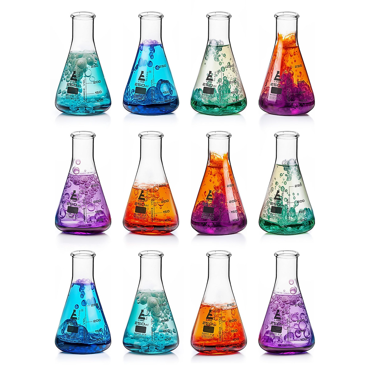 EISCO 12PK Erlenmeyer Flasks, 250mL - Borosilicate Glass - Narrow Neck Flasks, Conical Flasks, Glass Flasks