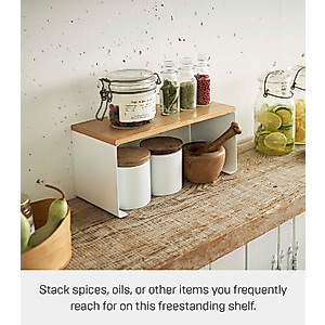 Yamazaki Home Wood-Top Stackable Kitchen Rack-Modern Counter Shelf Organizer, White