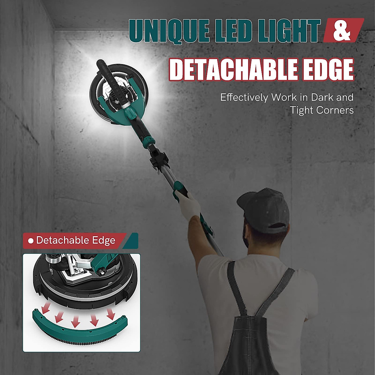 NEU MASTER Drywall Sander, Electric Drywall Sander Variable Speed Pole Sander with Vacuum, 900-1800RPM Foldable Ceiling Sander with 12 Sanding Discs, LED Light, Extendable Handle, Dust Bag and Hose