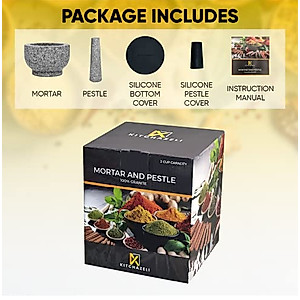 Granite Mortar and Pestle Set - Large 2 Cup Stone Grinder Guacamole Bowl and 6 Inch Pestle - Perfect for Crushing and Grinding Herbs and Spices to Maximize Flavor - Includes Silicone Covers