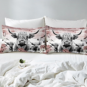 Erosebridal Highland Cow Print Duvet Cover Queen,Red Western Farmhouse Bedding Set Rustic Home Decor,Longhorn Cattle Farm Animal Comforter Cover Daisy Flowers Bed Set Cowboys Gifts for Men Women