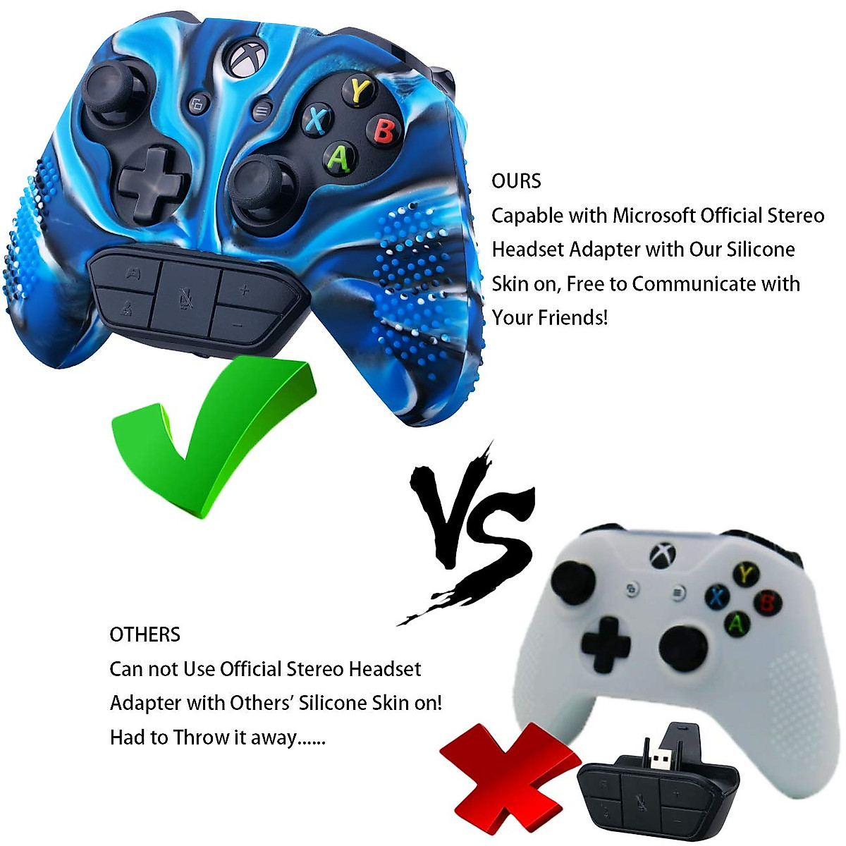 9CDeer 1 Piece of Studded Protective Silicone Cover Skin Sleeve Case + 8 Thumb Grips Analog Caps for Xbox One/S/X Controller Camouflage Blue Compatible with Official Stereo Headset Adapter