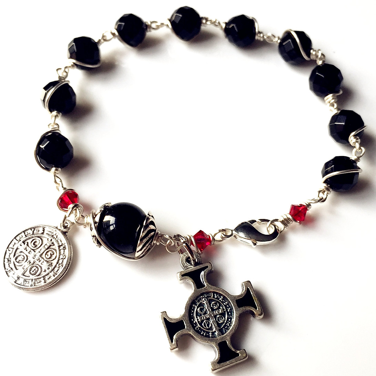 elegantmedical HANDMADE SILVETR Wire Wrap Black Agate Prayer Beads Bracelet Rosary Cross Catholic