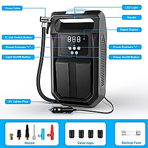 Tire Inflator Portable Air Compressor 12V DC Car Air Pump with Digital Display, LED Light, Auto Shut Off Function, Set of Nozzle Adaptors for Car, Motorcycle, Bicycle, Ball (Black)