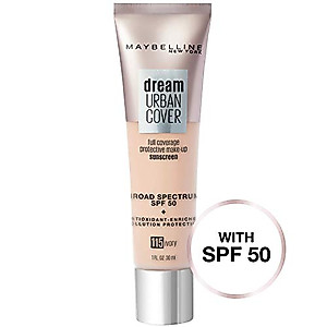 Maybelline Dream Urban Cover Flawless Coverage Foundation Makeup, SPF 50, Ivory