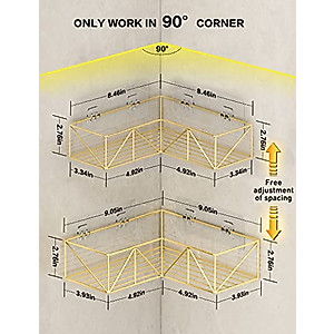 Iperlife Corner Shower Caddy Gold, Adhesive Shower Shelf Corner Shower Organizer with Hooks, 2-Pack Wall Mounted Bathroom Shelf for Inside Shower (Only Fits 90° Right Angle Corner)