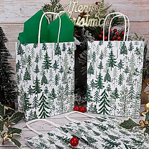 Whaline 12 Pack Christmas Paper Gift Bags with Handle Winter Medium Size Watercolor Xmas Tree Candy Goodie Bags with Green Tissue Paper for Xmas Holiday Party Supplies