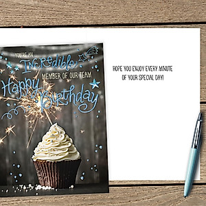 25 Employee Birthday Cards - Cupcake & Stars Design with Blue Holographic Foil Embossing - 26 White Envelopes - FSC Mix