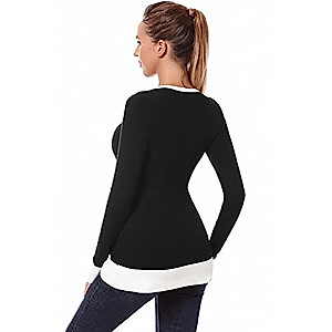 AmélieBoutik Women Color Trim V Neck Long Sleeve Pullover Knit Sweater Top (Black and Ivory White Large)
