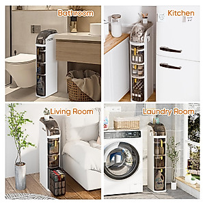 tonchean 4-Tier Bathroom Organizers and Storage,Plastic Narrow Slim Storage Cabinet with Clear Drawers Bathroom Floor Cabinet Towel Organizer Rolling Cart with Wheels for Small Space Gap Living Room