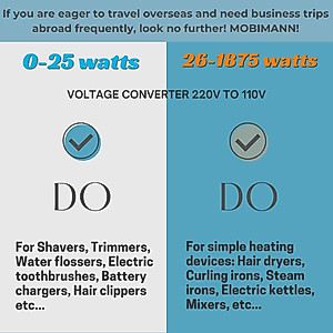 MOBIMANN Dual Watts Travel Voltage Converter 25/1875W, Step Down Voltage Converter 220V to 110V for Hair straighteners, Shavers, Power converters from USA to Europe, UK, Australia Over 150 Countries