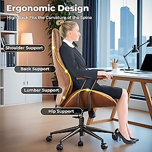 ovios Office Chair, Mid Century Modern Chair with Lumbar Support, Ergonomic High Back Suede Leather Executive Chair with Swivel Rolling Wheels, Brown