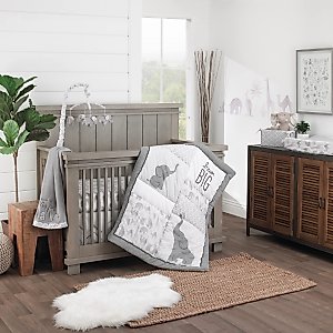 NoJo Elephant Tribe Grey and White 4 Piece Nursery Crib Bedding Set - Comforter, Fitted Crib Sheet, Dust Ruffle, Nursery Organizer